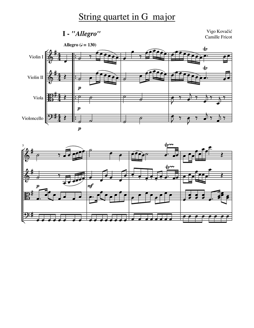 Camille Frt - Vigo Kovacic - String Quartet in G major (MSCC7) Sheet ...
