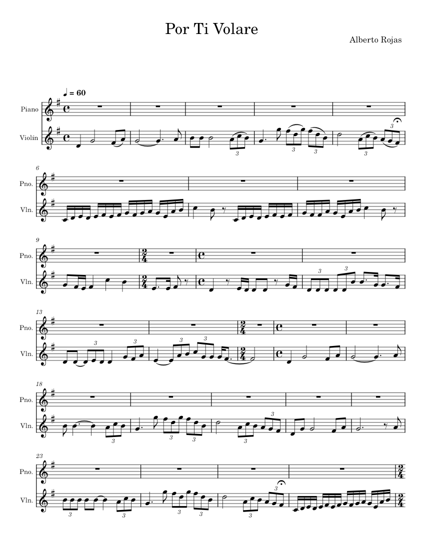 Por Ti Volare - Alberto Rojas Sheet Music for Piano, Violin (Solo ...