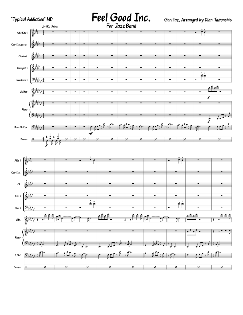 Feel Good Inc. Sheet music for Piano, Trombone, Clarinet in b-flat ...