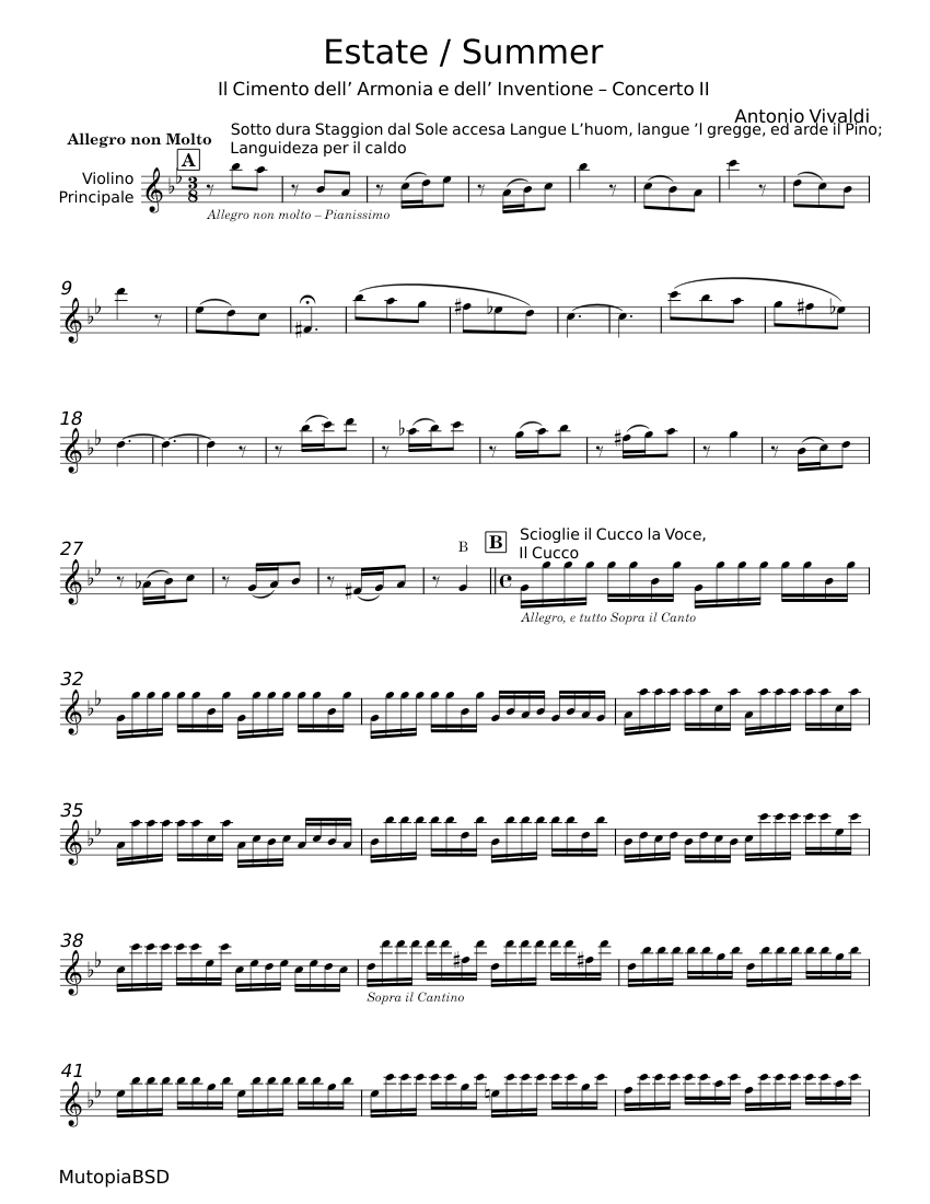 Estate Summer - Antonio Vivaldi Sheet music for Violin (Solo ...
