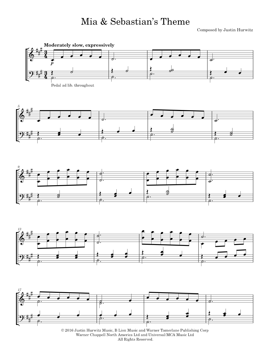 Play Official version of Mia & Sebastian's Theme Sheet Music by Justin Hurwitz for Piano ...
