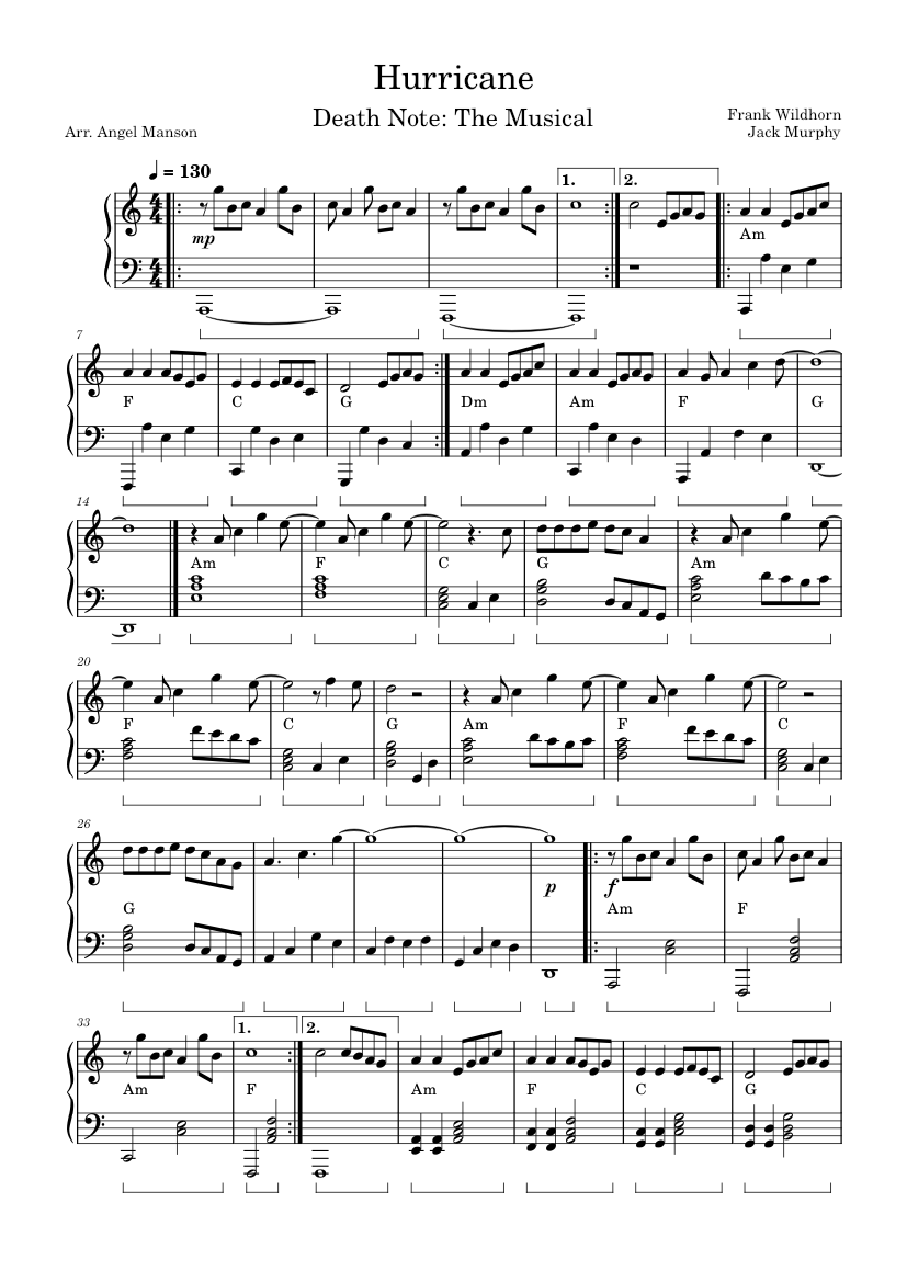 Hurricane - Death Note: The Musical Sheet Music for Piano (Solo ...