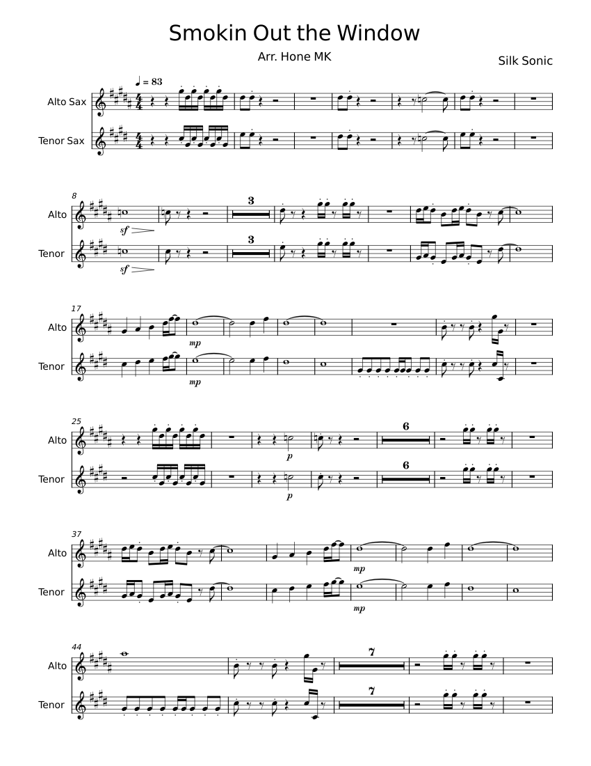 Smokin Out The Window - Silk Sonic Sheet music for Saxophone alto, Saxophone tenor (Woodwind ...