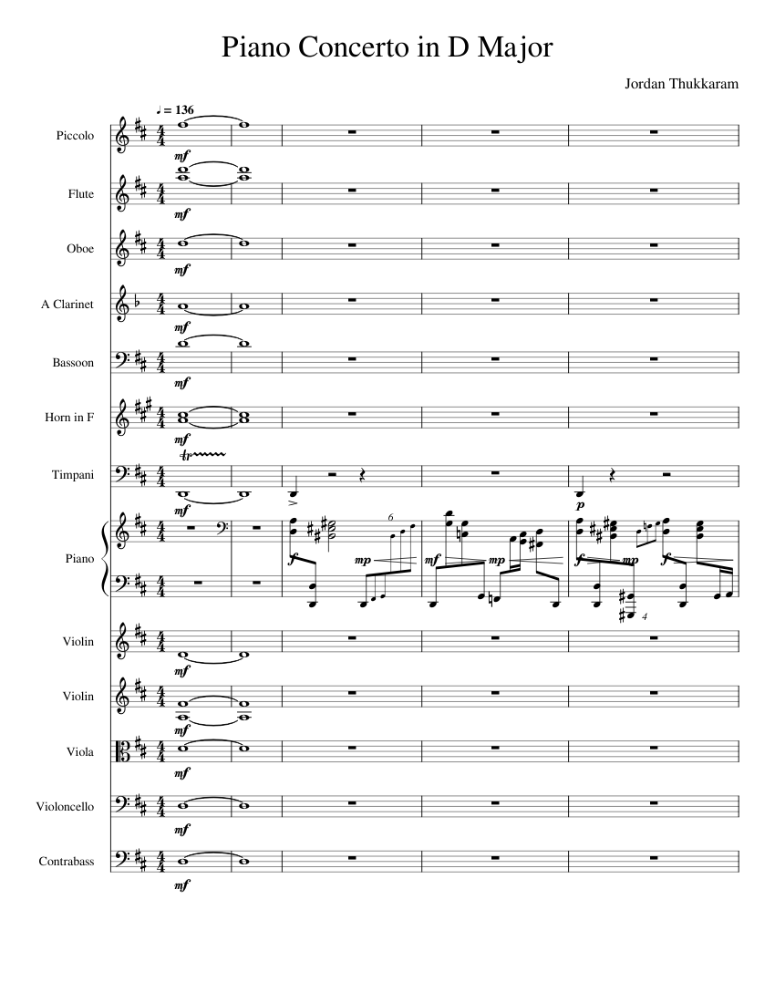 Piano Concerto in D Major Sheet music for Piano, Flute piccolo, Flute ...