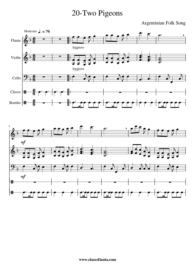 20.Two Pigeons- Argentinian Folk Song Sheet music for Flute, Cello, Guitar, Bass drum & more ...