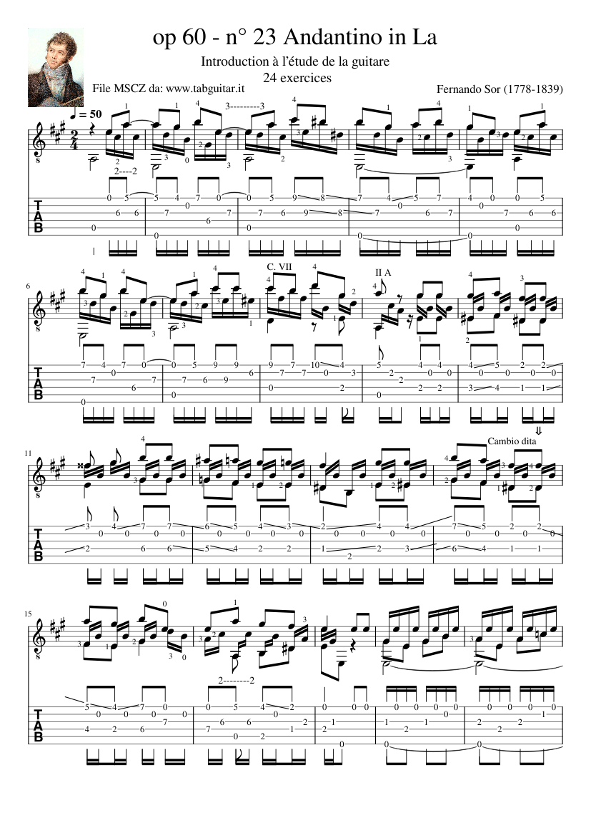Op 60 n° 23 Andantino in La – Fernando Sor Sheet Music and Tab for ...