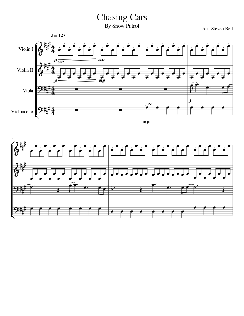 Chasing Cars Sheet Music for Violin, Viola, Cello (String Quartet ...