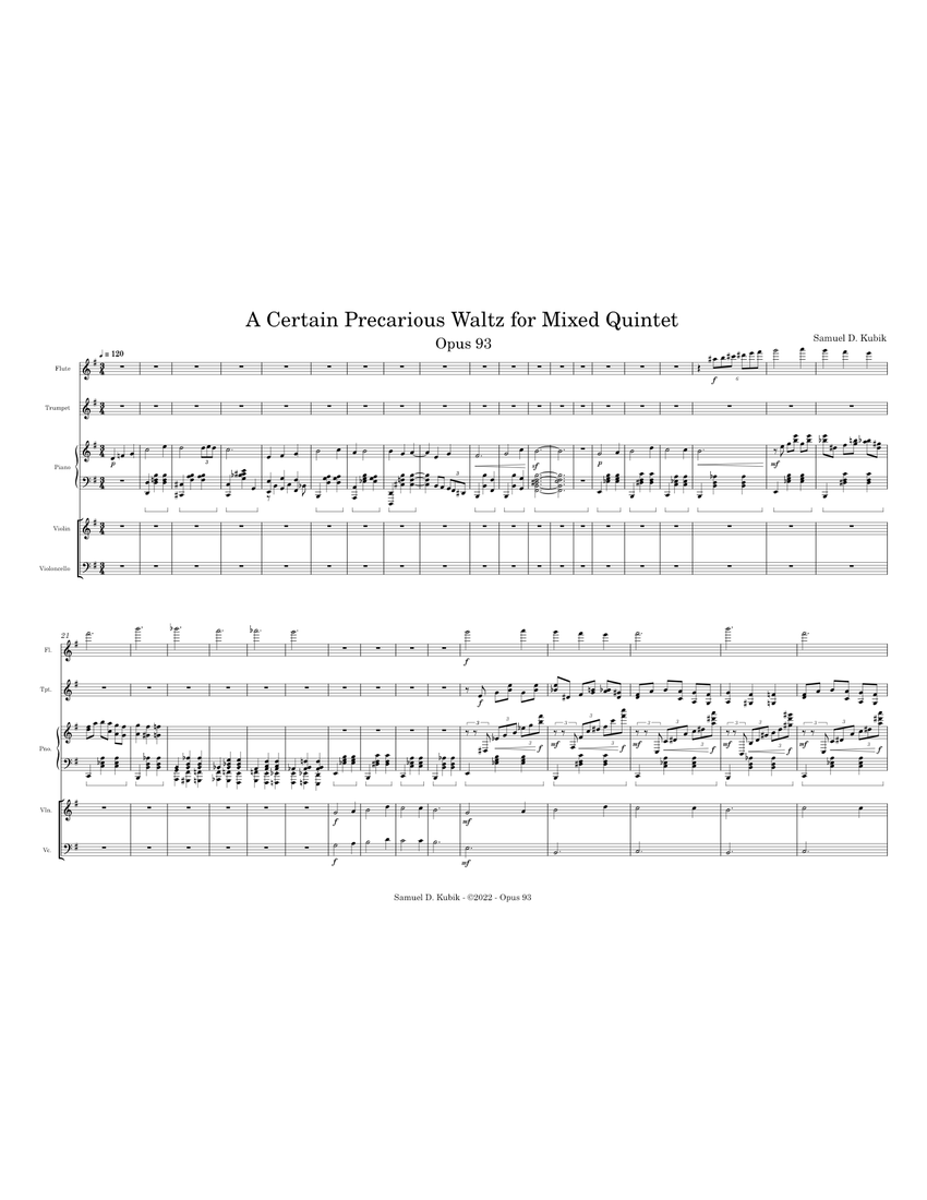 A Certain Precarious Waltz for Mixed Quintet Sheet music for Piano, Flute, Violin, Cello & more ...