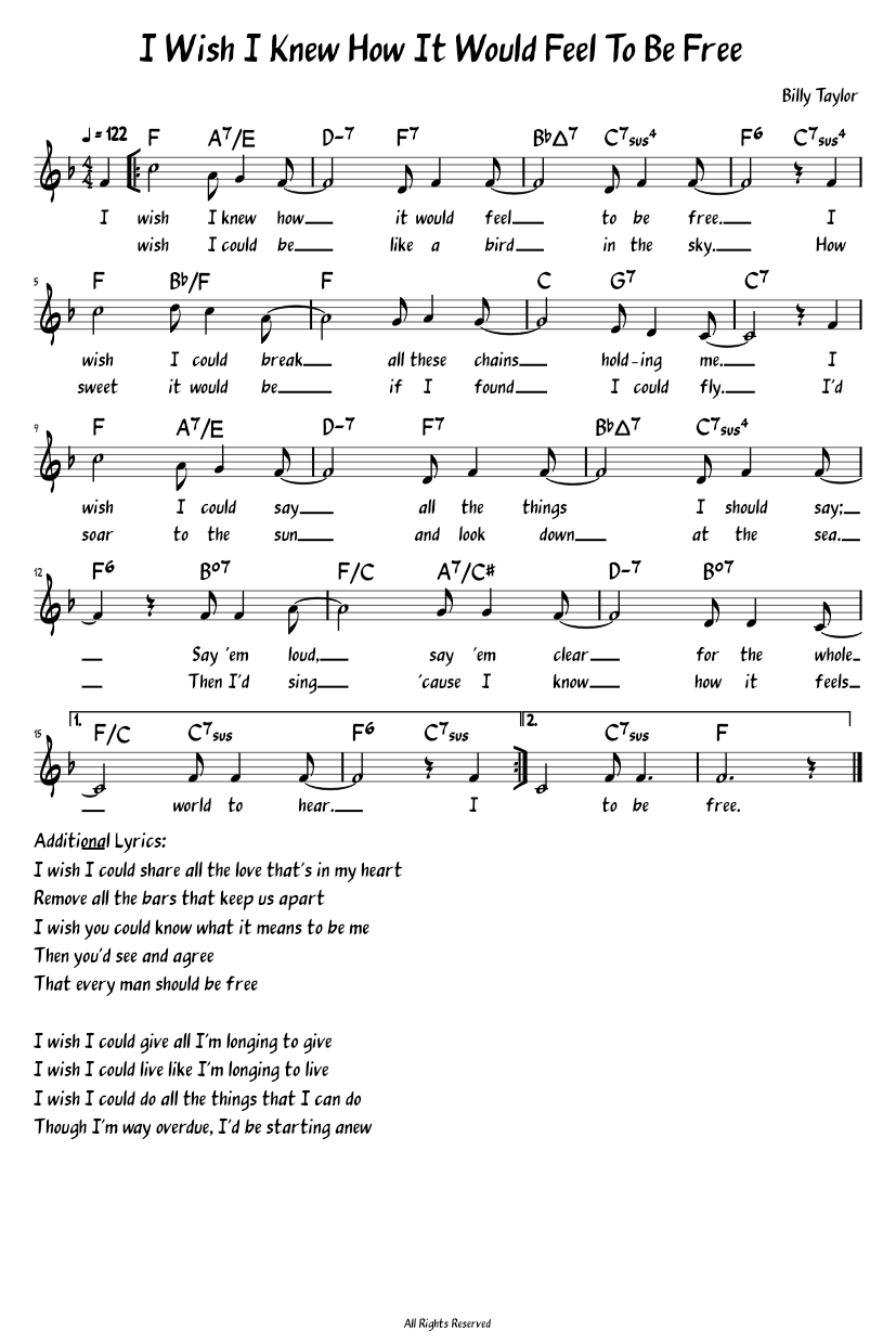 I Wish I Knew How It Would Feel to Be Free (Lead sheet with lyrics ) Sheet music for Piano (Solo ...
