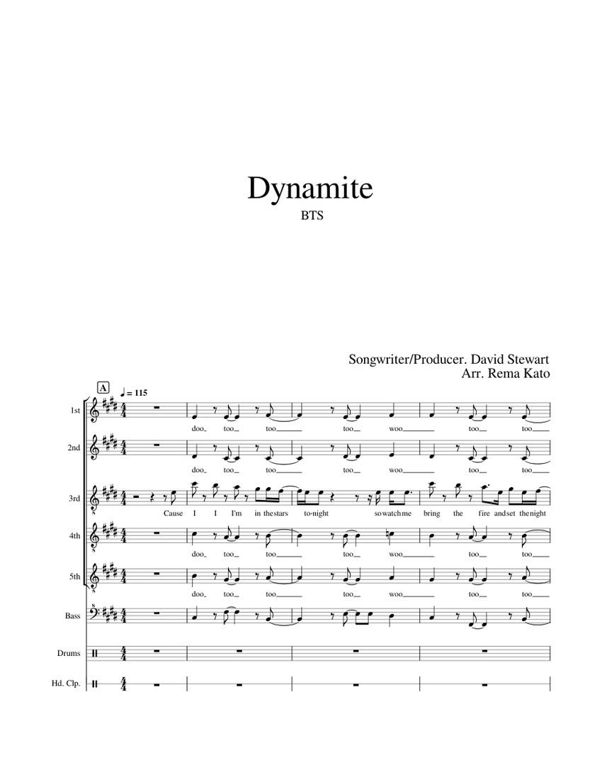 Dynamite - BTS / a cappella Sheet music for Piano, Bass guitar, Drum ...