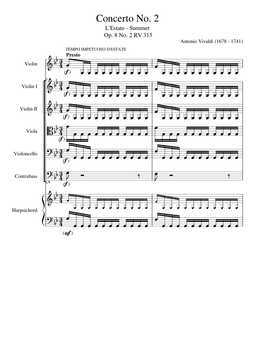 Vivaldi - Summer/Storm Sheet Music for Harpsichord, Contrabass, Violin ...