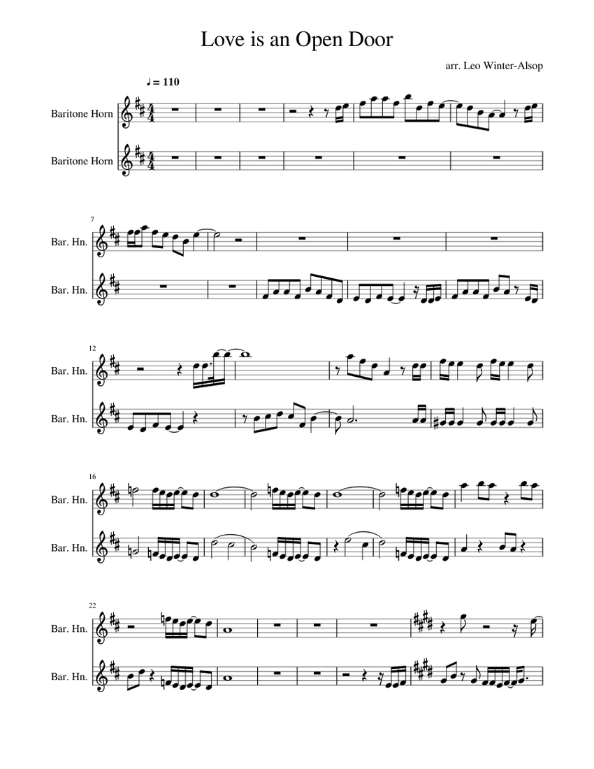 Love is an Open Door baritone duet Sheet music for Baritone horn (Brass ...