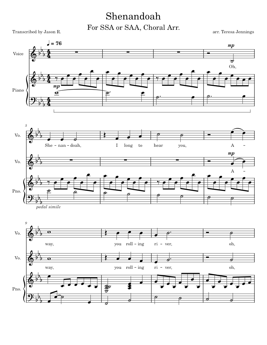 Shenandoah Sheet music for Piano, Vocals (Mixed Quartet) | Musescore.com
