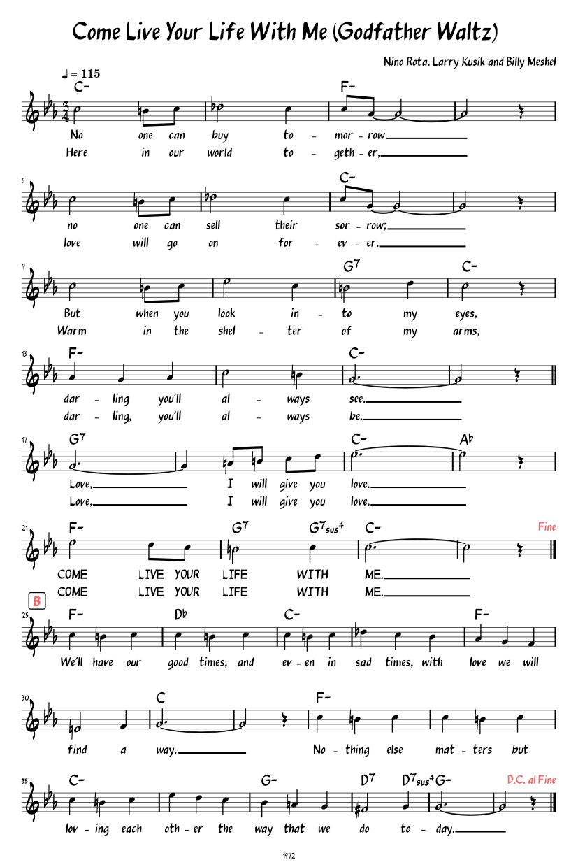 The Godfather Waltz (Come Live Your Life With Me) (Lead sheet with ...