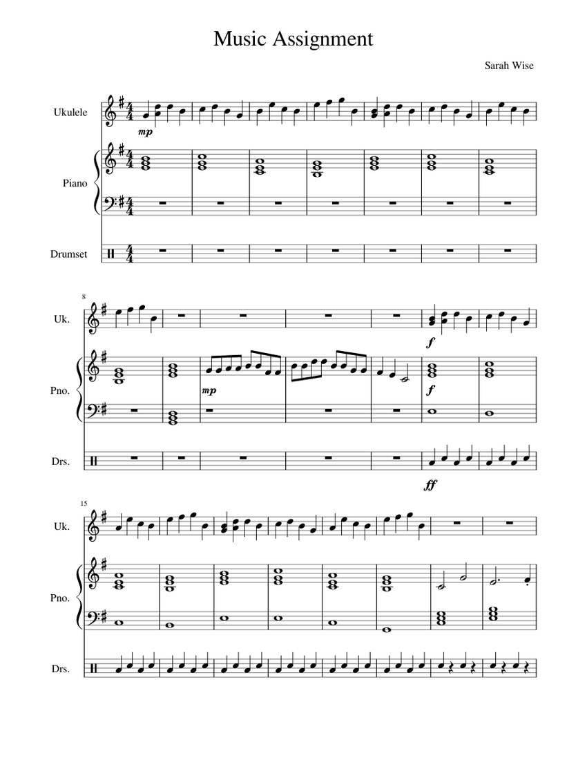 Music Assignment Sheet music for Piano, Drum group, Ukulele (Mixed Trio ...