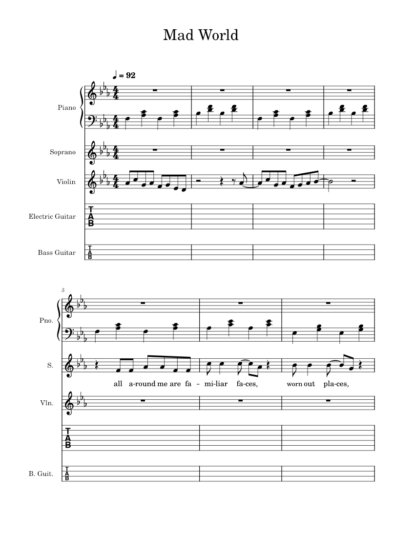 Mad world – Gary Jules Mad World/Arr. Chris Bingham Sheet music for Piano, Soprano, Violin ...