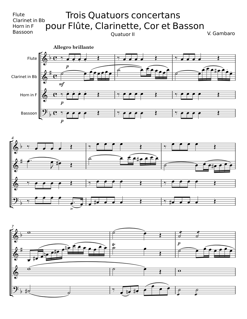 Trois Quatuors concertans pour Flûte, Clarinette, Cor et Basson Sheet ...