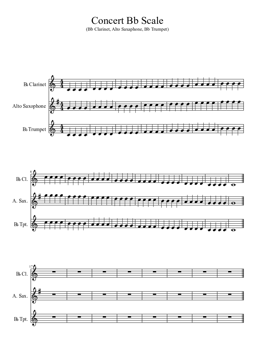 Concert Bb Scale(Bb Clarinet, Alto Saxaphone, Bb Trumpet) Sheet Music ...
