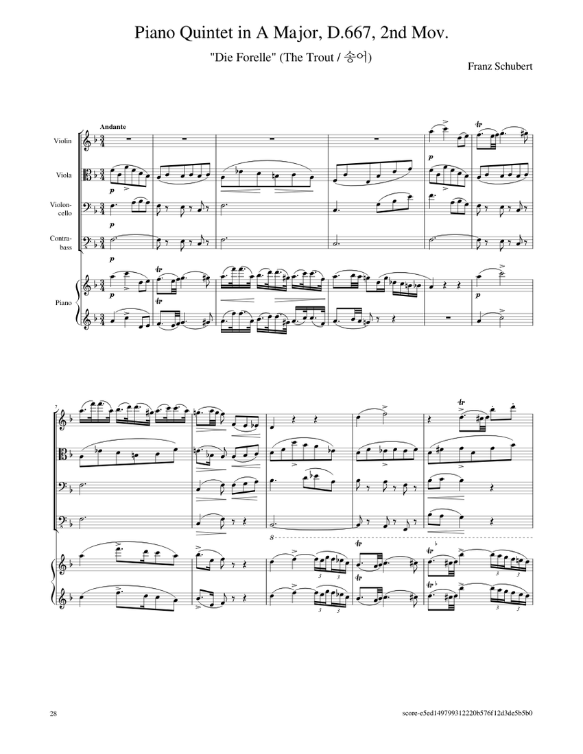 Piano Quintet in A Major, D.667, 2nd Mov Sheet music for Piano, Contrabass, Violin, Viola & more ...