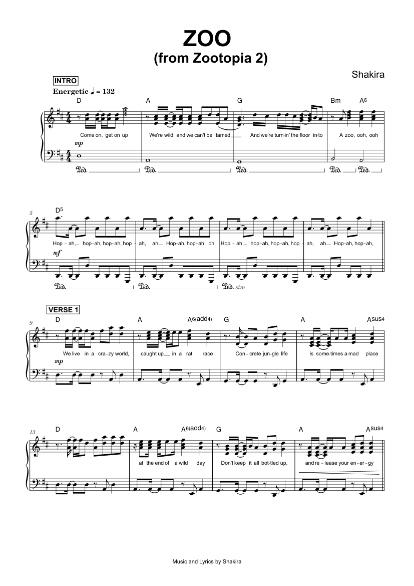 Play Official version of Zoo Sheet Music by Shakira for Piano ...