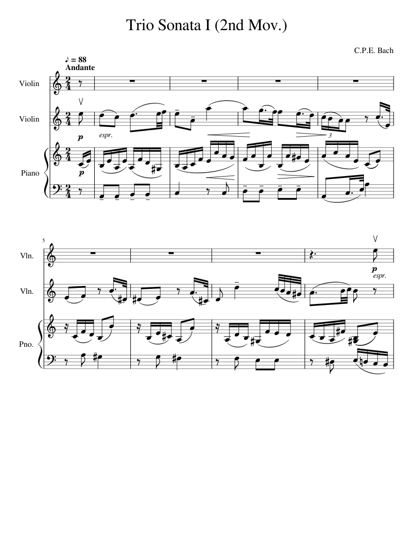 C.P.E. Bach Trio Sonata 1. (2nd Mov.) Sheet music for Piano, Violin ...