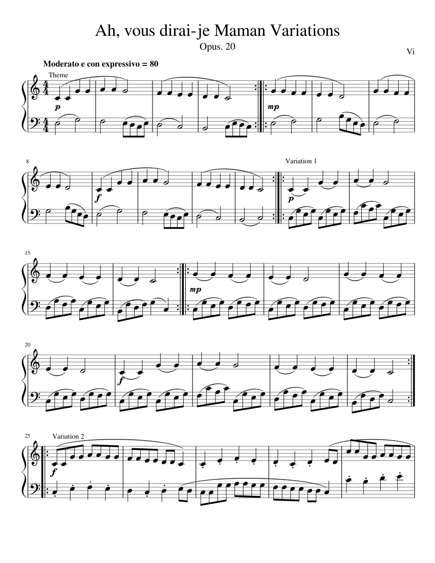 Op 20 Ah vous dirai je Maman Variations Sheet music for Piano (Solo ...