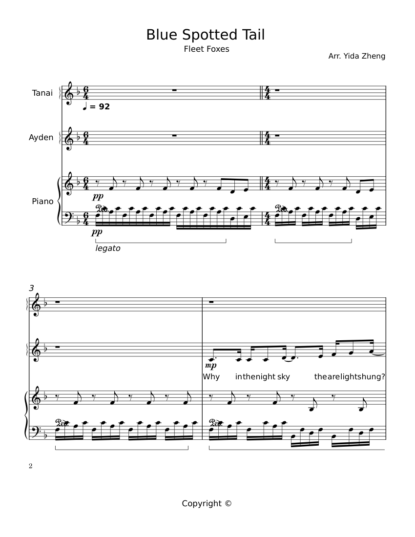 Blue spotted tail – Fleet Foxes Blue Spotted Tail-2part+piano Sheet ...