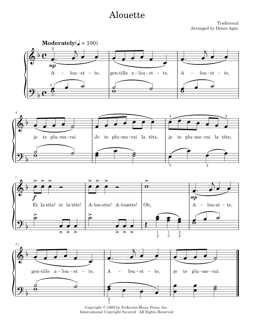 Play Official version of Alouette Sheet Music by French Folk Song for ...