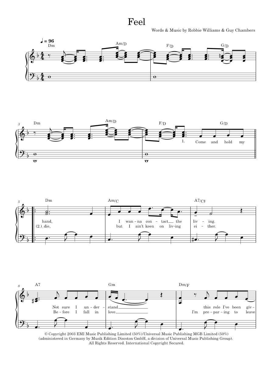 Play Official version of Feel Sheet Music by Robbie Williams for Piano ...