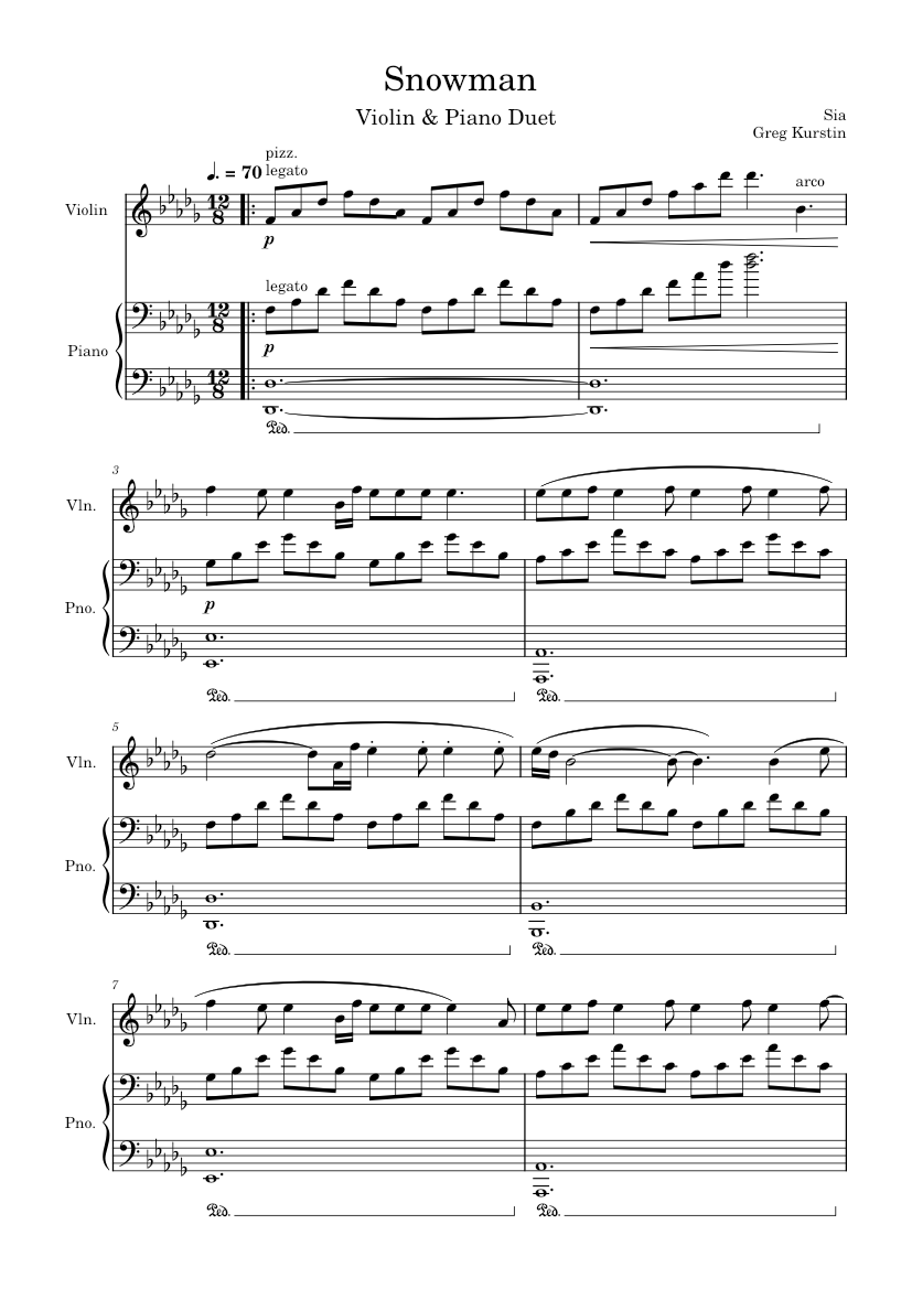Snowman by Sia - Violin & Piano Duet Sheet Music for Piano, Violin ...
