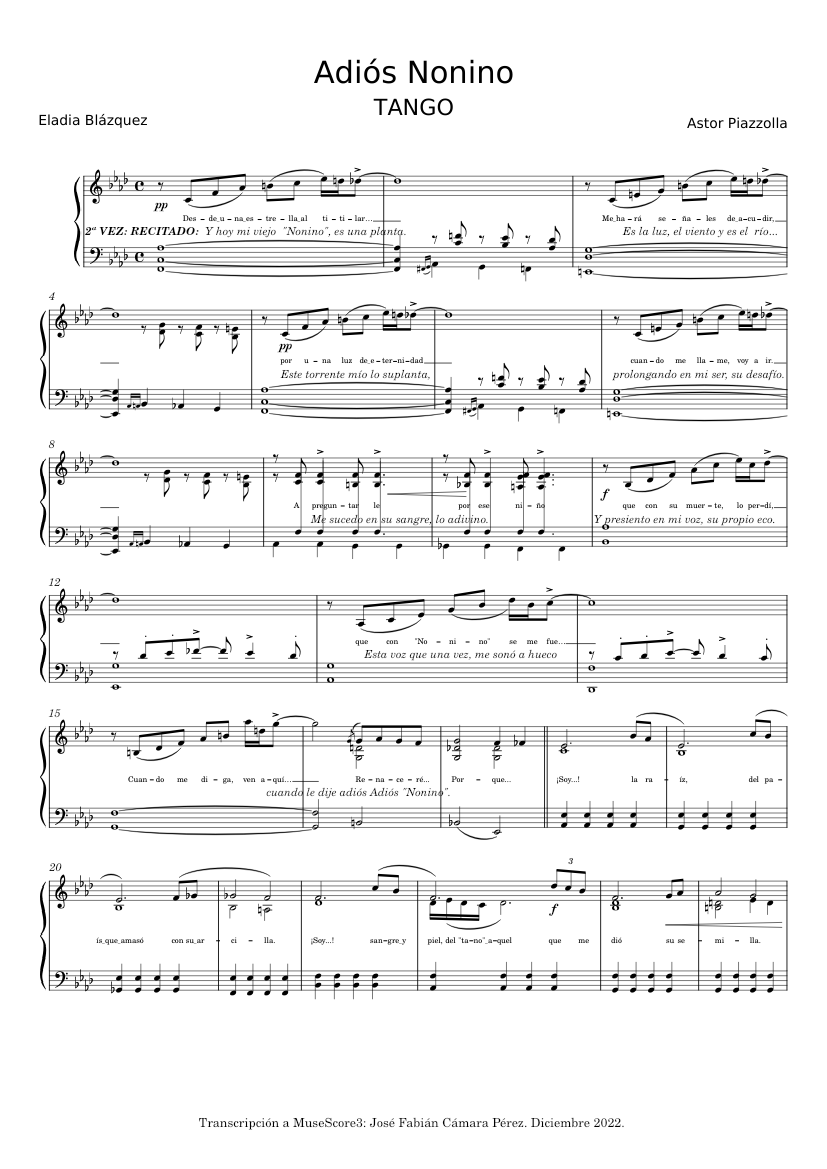 Adiós Nonino – Astor Piazzolla Sheet Music for Piano (Solo) | MuseScore.com