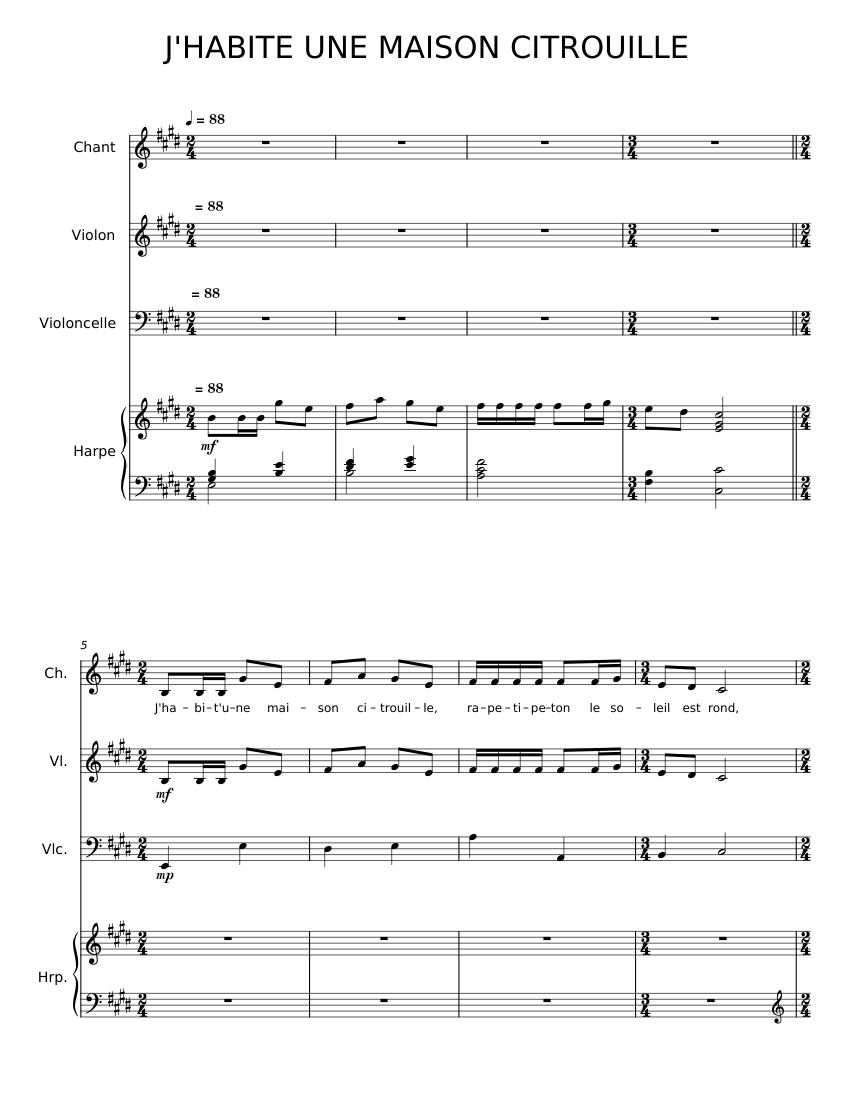 J'HABITE UNE MAISON CITROUILLE Sheet music for Vocals, Violin, Harp ...