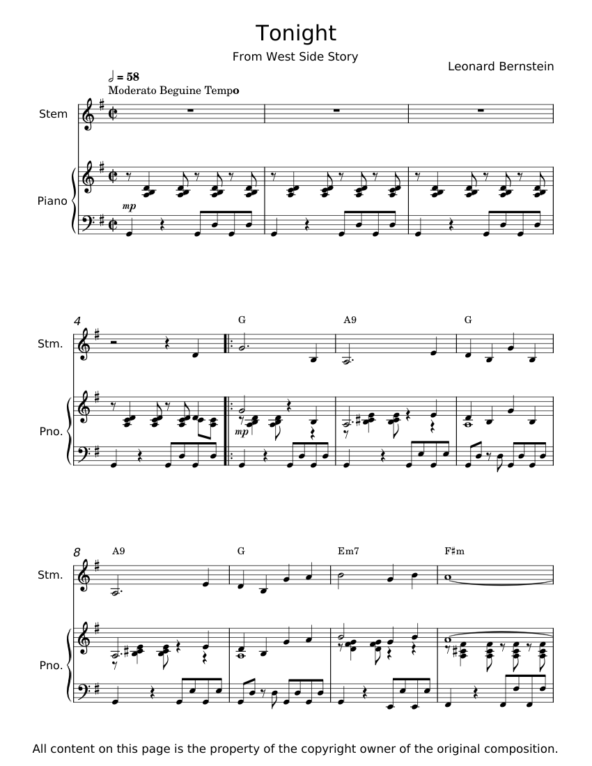 Tonight - Leonard Bernstein Sheet music for Piano, Vocals (Piano-Voice ...