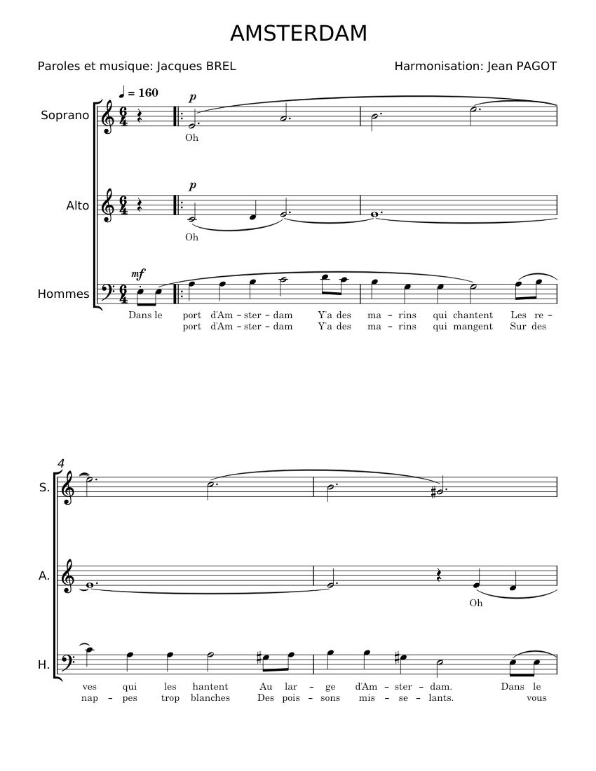 Amsterdam - Jacques Brel Sheet music for Bass voice, Vocals (Choral ...