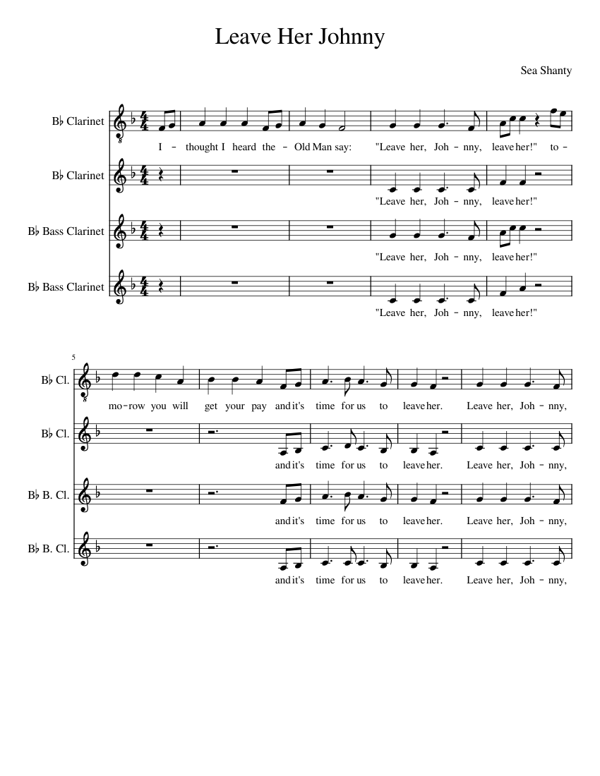 Leave Her Johnny – Misc Traditional Sheet music for Clarinet in b-flat ...