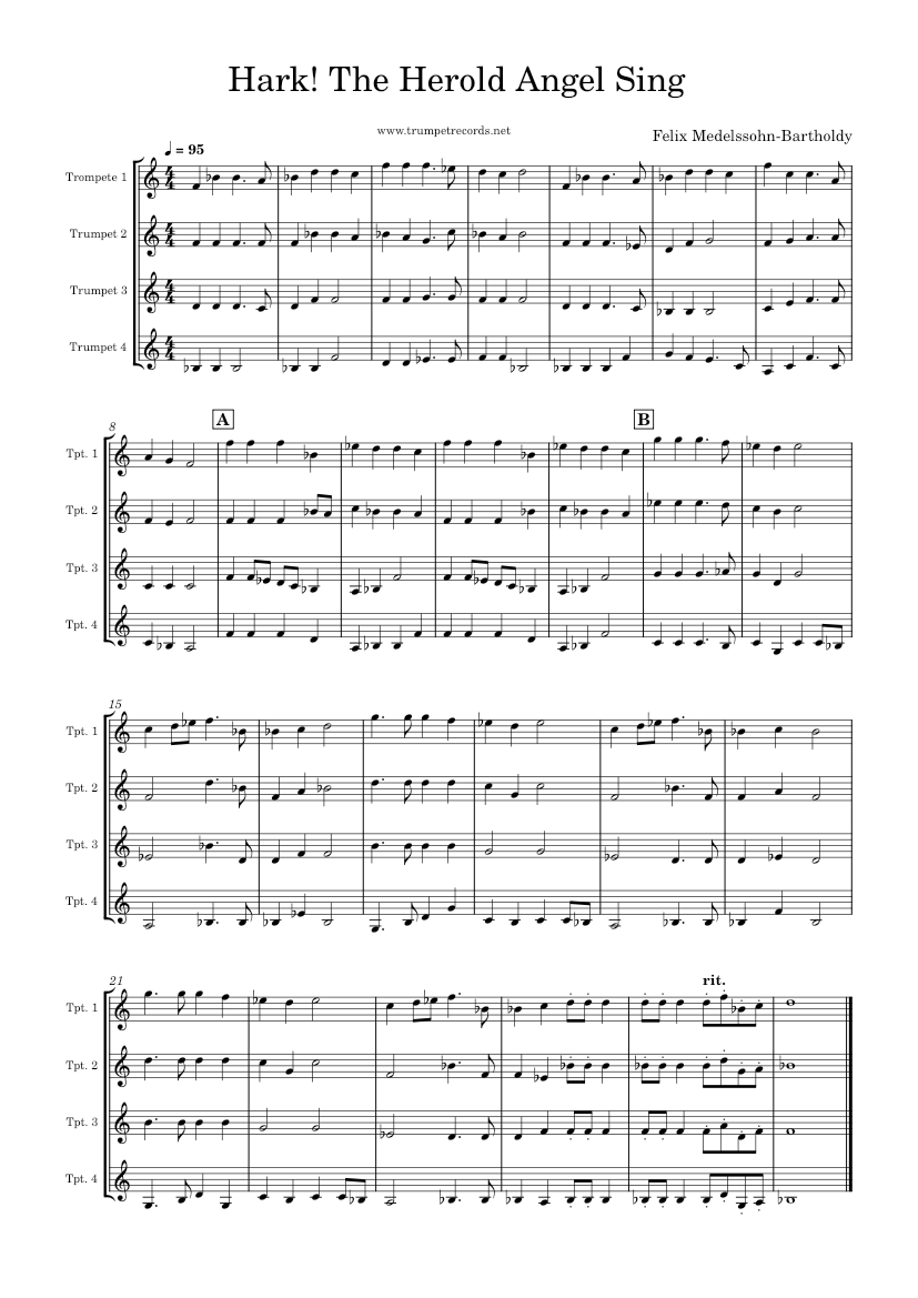 Hark! The Herald Angels Sing Trumpet Quartet PDF scores Sheet Music for ...