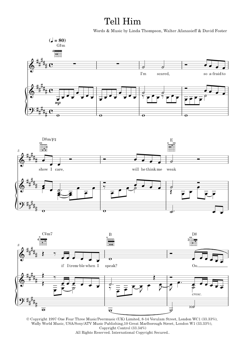 Play Official version of Tell him Sheet Music by Céline Dion for Vocals ...