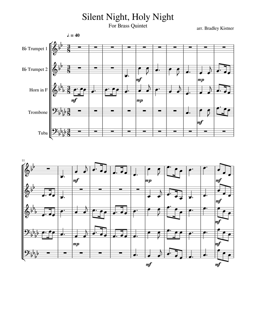 Silent Night Holy Night Brass Quintet Sheet music for Trombone, Tuba ...