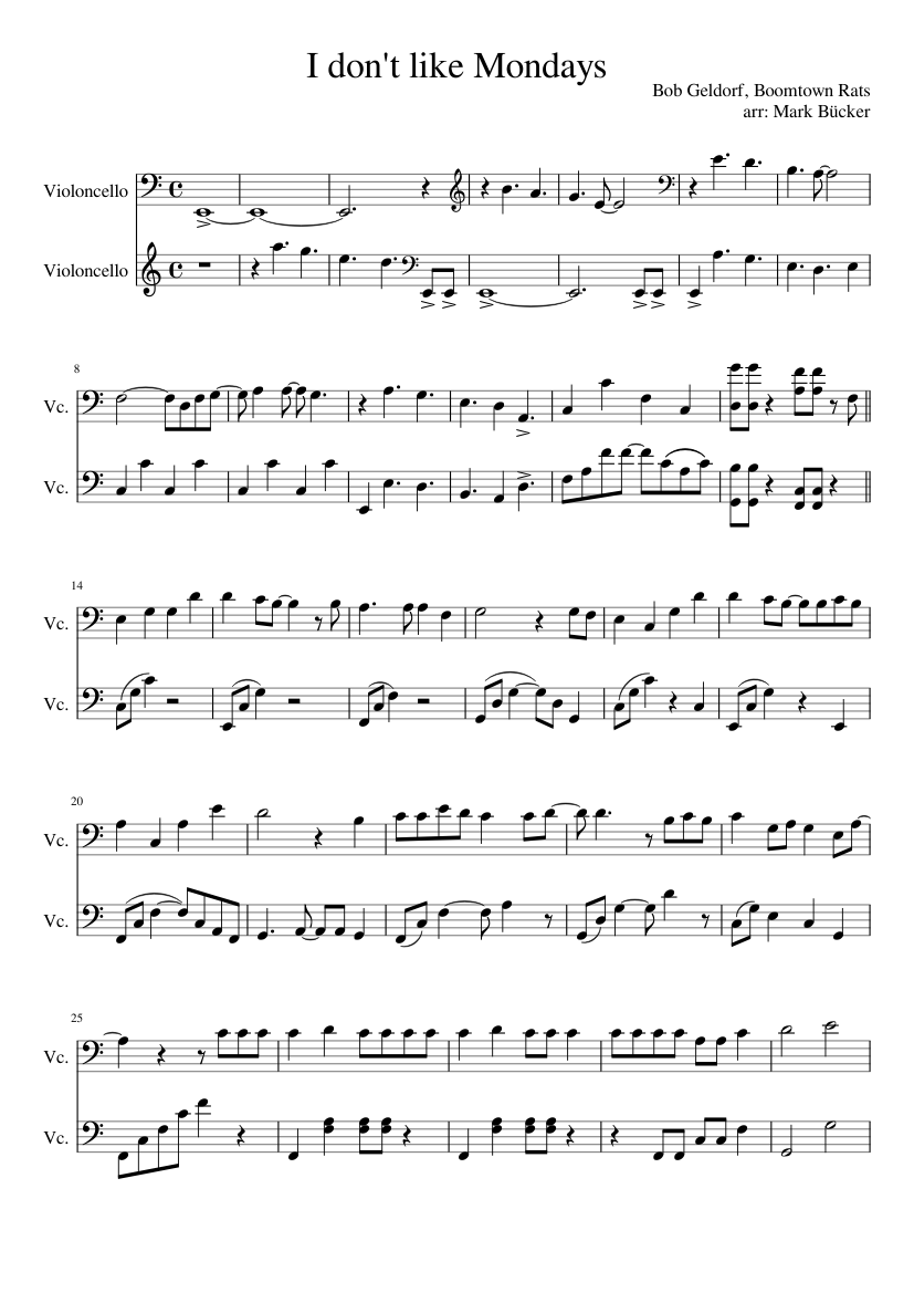 I don't like Mondays 2Vc Sheet music for Cello (String Duet ...