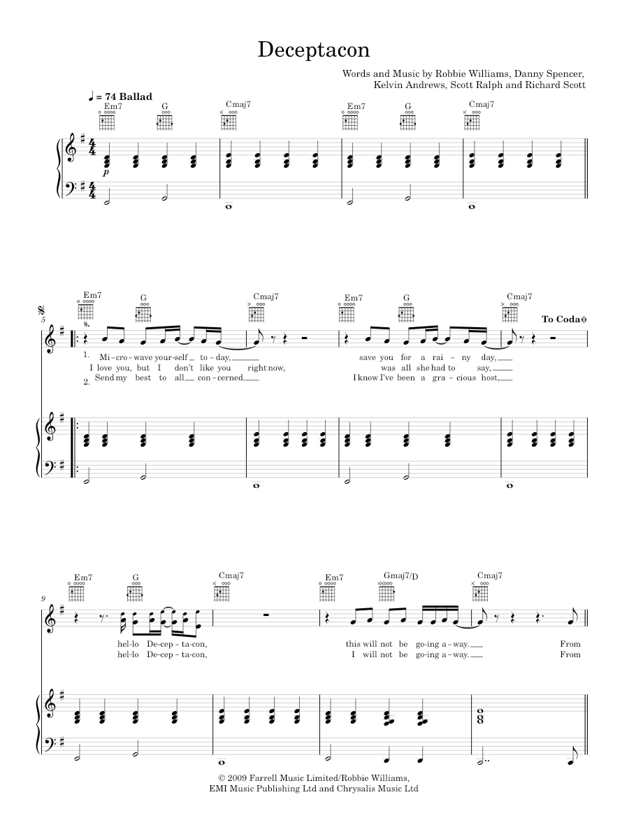 Play Official version of Deceptacon Sheet Music by Robbie Williams for ...