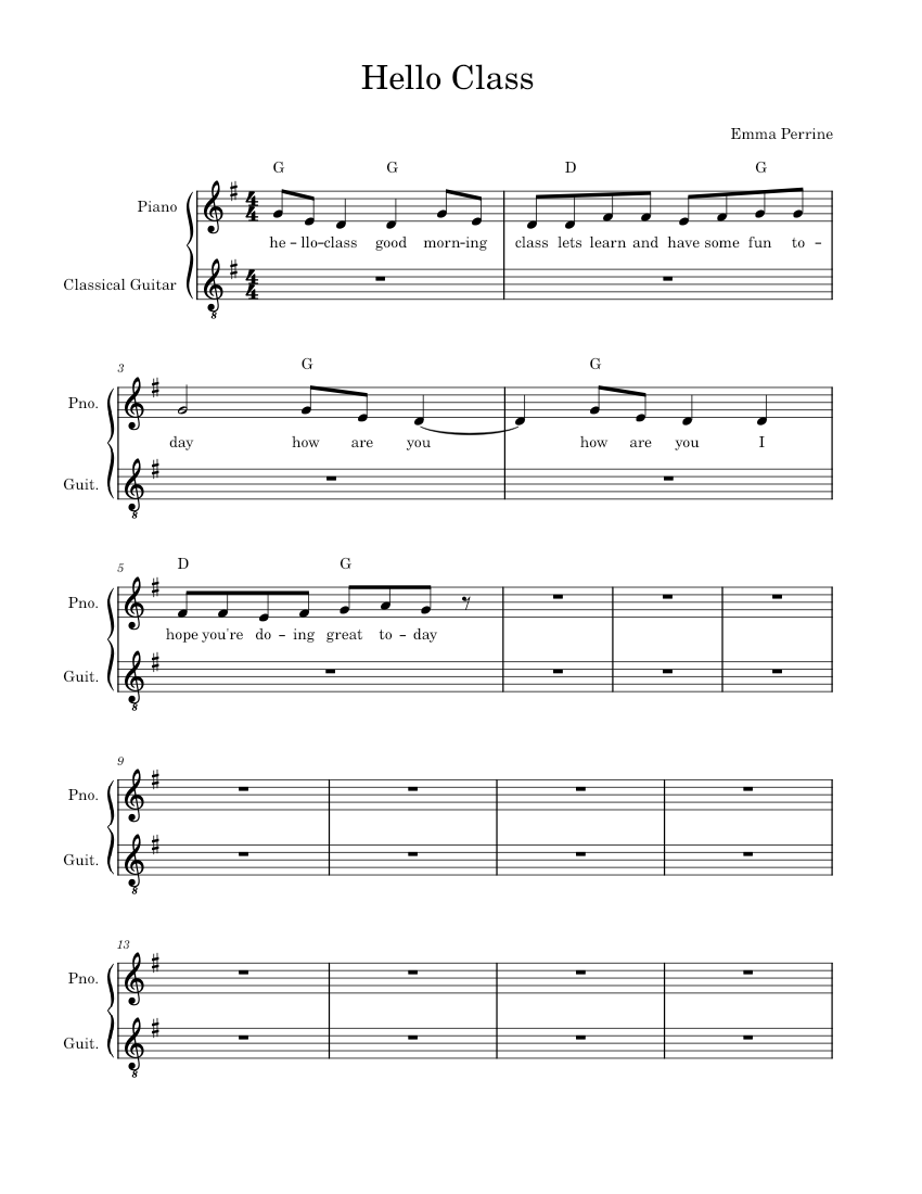 Hello class goodmorning class Sheet music for Piano, Guitar (Mixed Duet ...