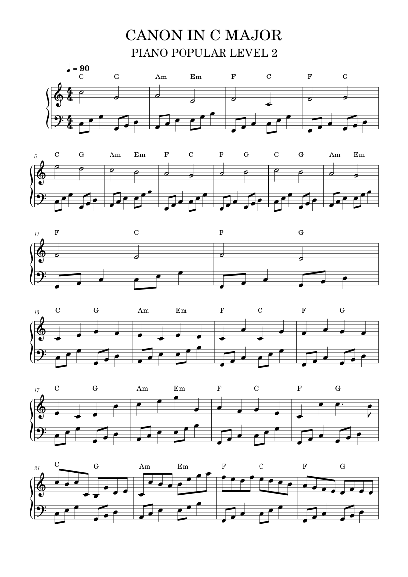 CANON IN C MAJOR level2 (Piano pop easy) Sheet Music with Chords for ...