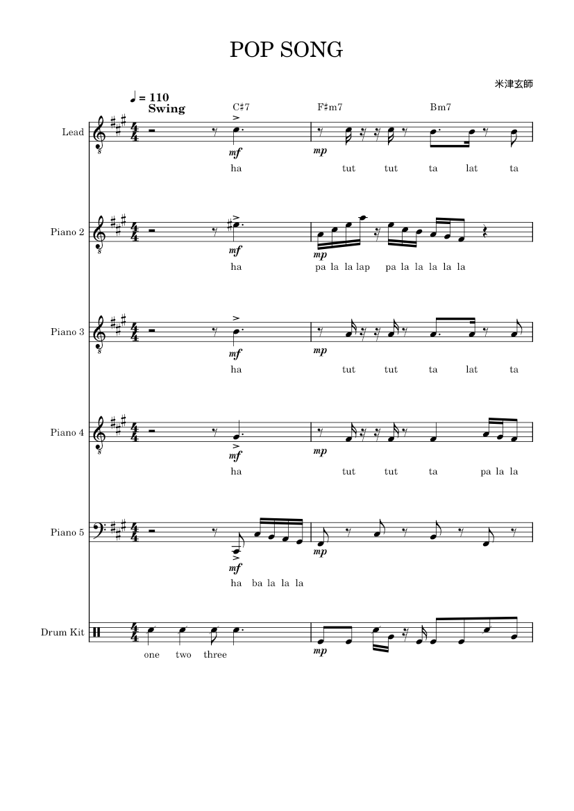POP SONG - 米津玄師 Sheet Music for Piano, Drum group (Mixed Ensemble ...