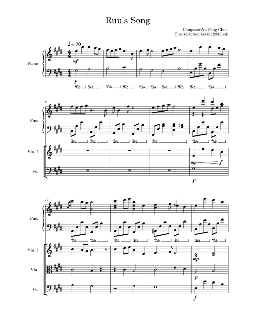 Ruu's Song – Yu-Peng Chen Sheet music for Piano, Flute, Violin, Viola ...