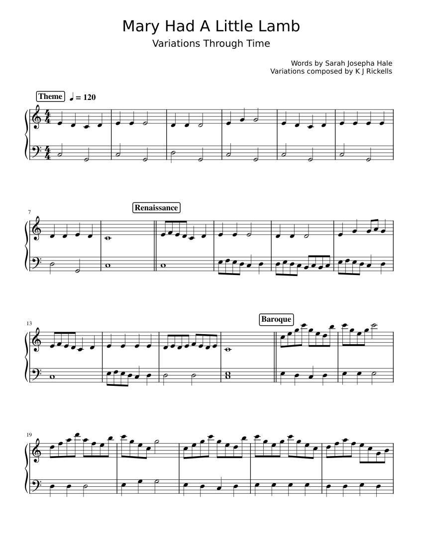 Mary had a Little Lamb - variations through time Sheet music for Piano ...