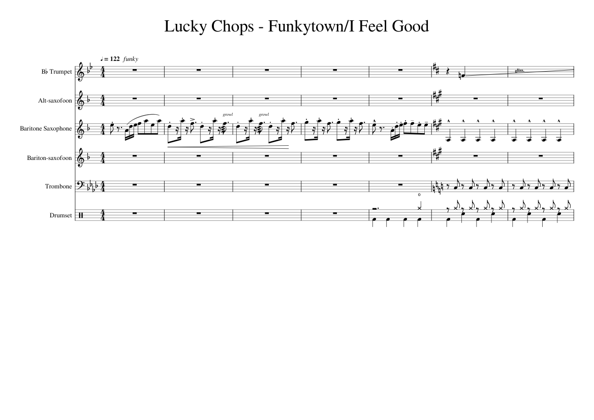 Funkytown Lucky Chops Sheet music for Trombone, Saxophone alto, Saxophone baritone, Trumpet in b ...
