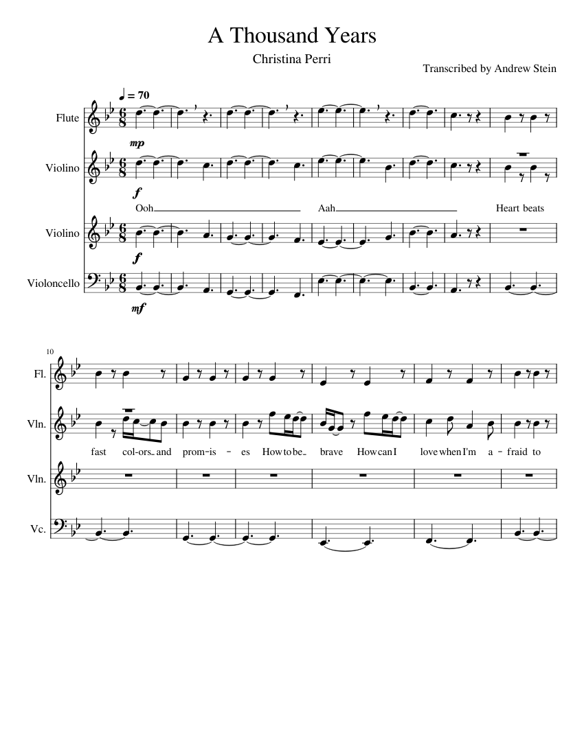 A Thousand Years- Christina Perri Sheet music for Flute, Violin, Cello ...