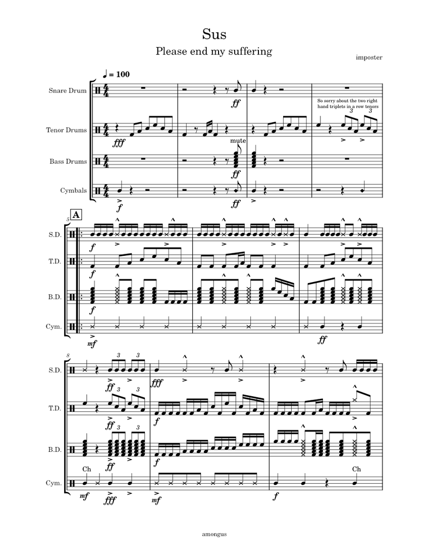 Sus Sheet music for Snare drum, Crash, Tenor drum, Bass drum ...