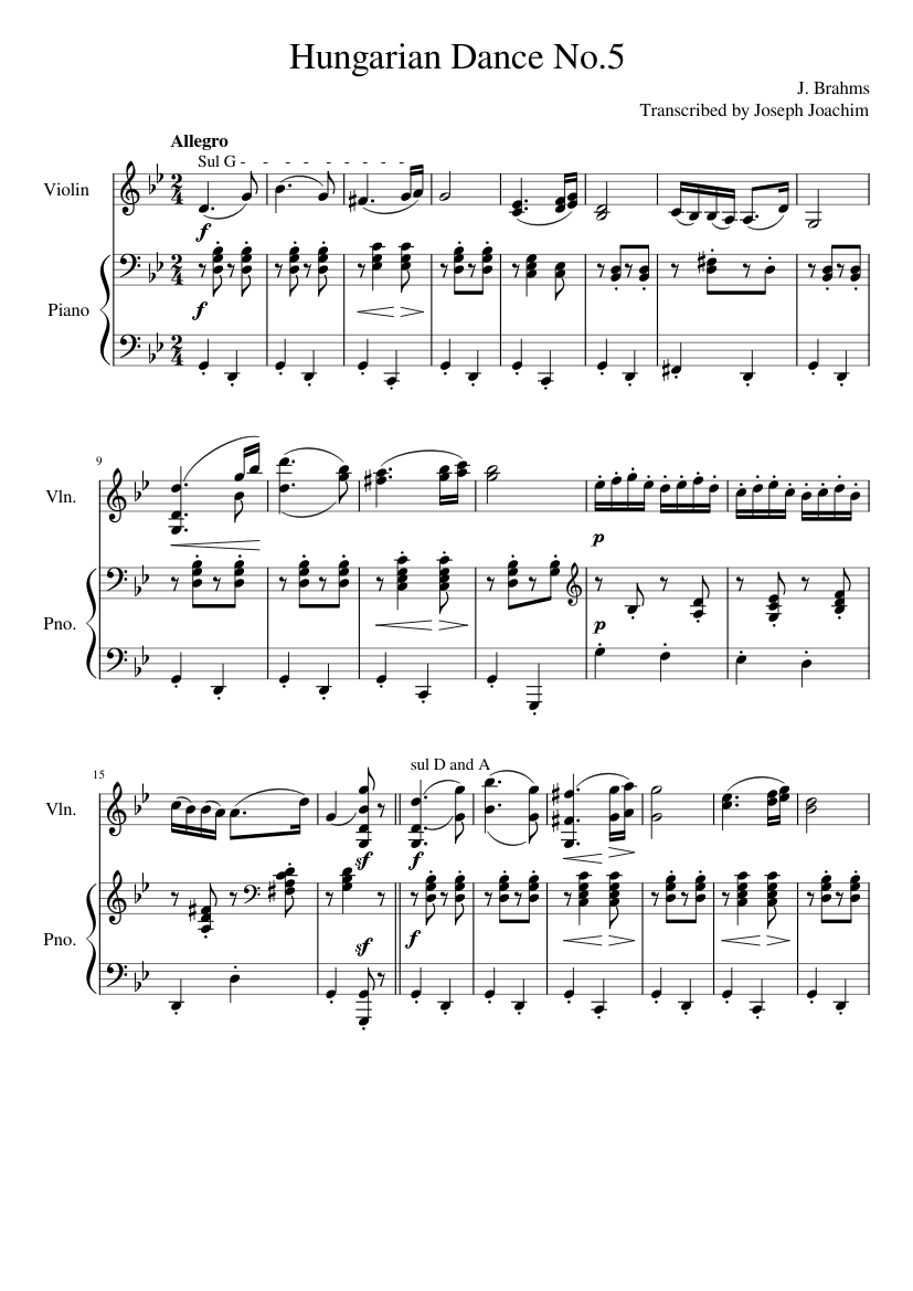Hungarian Dance No.5 Sheet Music for Piano, Violin (Solo) | MuseScore.com