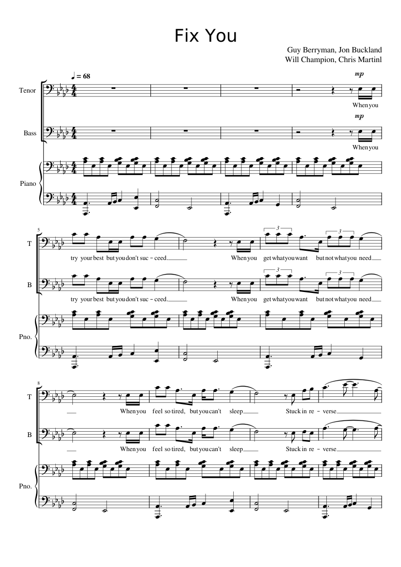 Fix You – Coldplay Fix You Sheet music for Piano, Soprano, Alto, Tenor ...